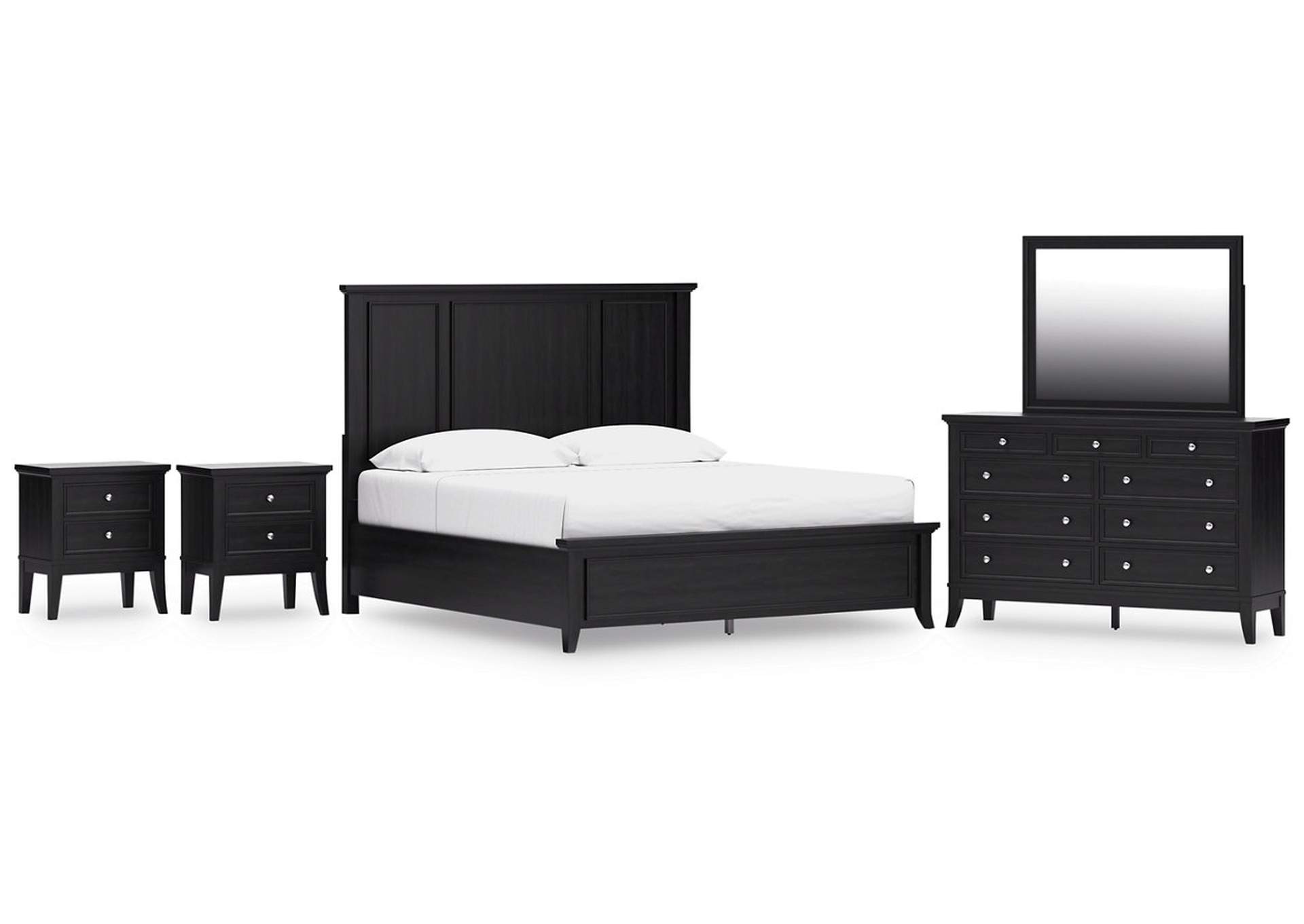 Bambori King Panel Bed with Mirrored Dresser and 2 Nightstands