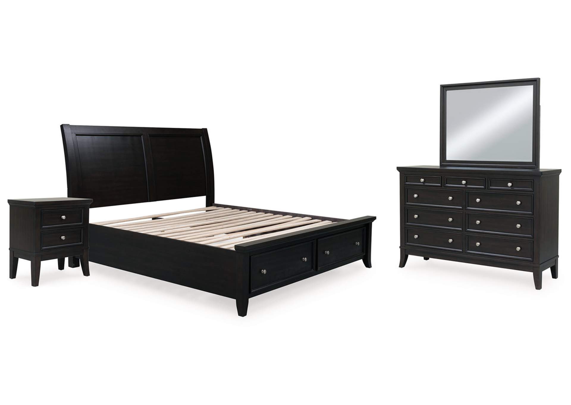 Bambori King Sleigh Storage Bed with Mirrored Dresser and Nightstand