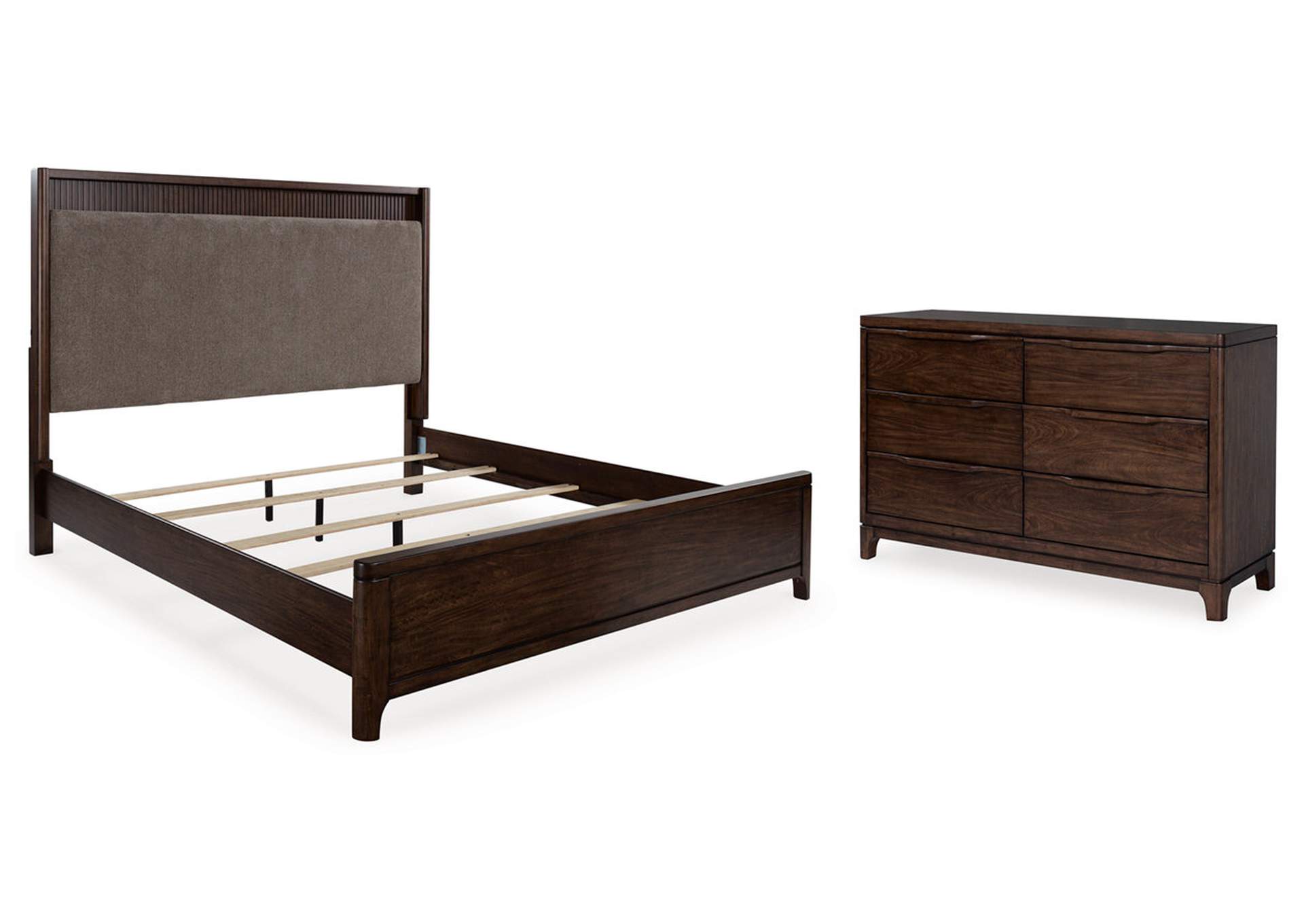 Korestone King Upholstered Panel Bed with Dresser