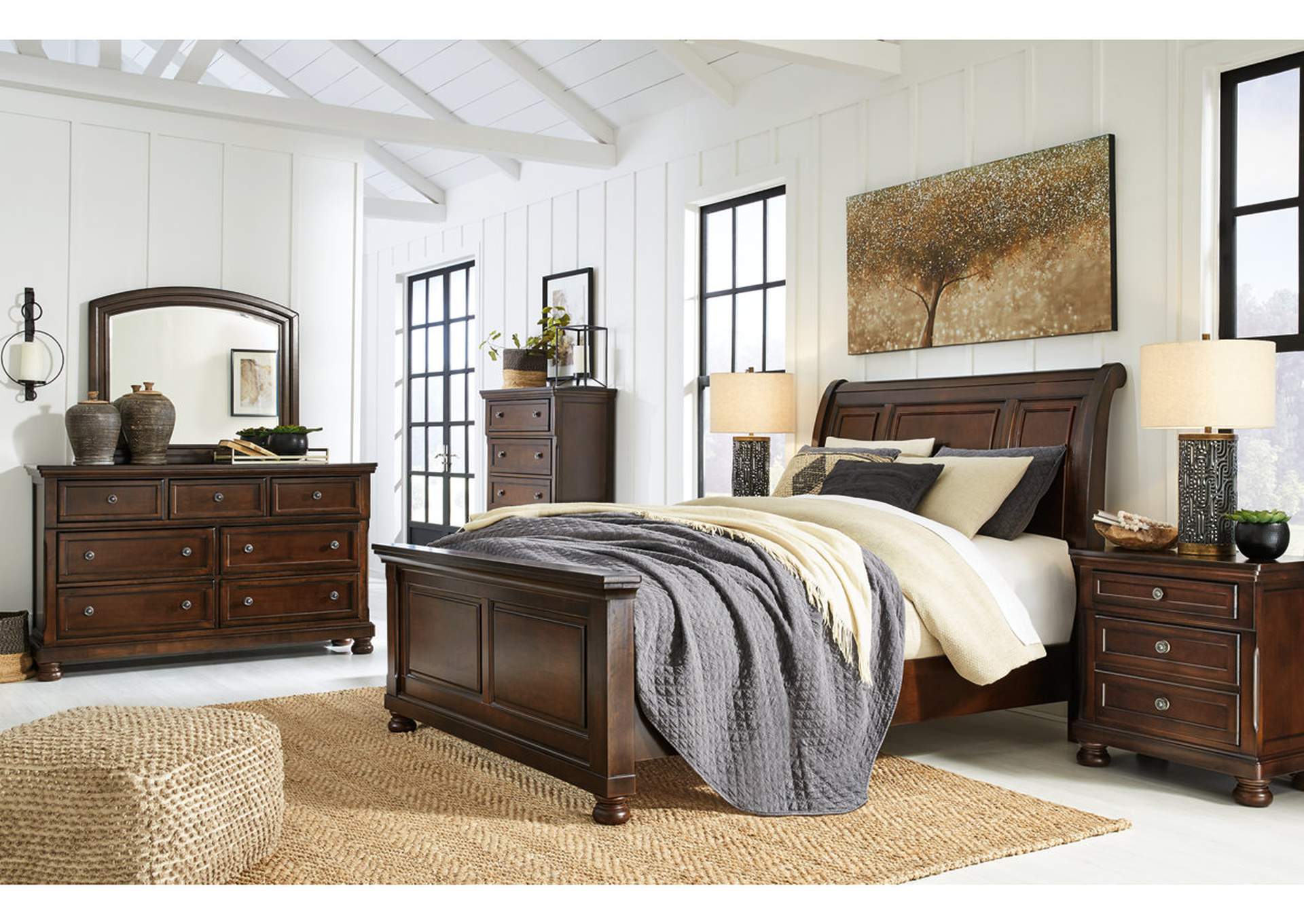 Porter Queen Sleigh Bed with Mirrored Dresser, Chest and 2 Nightstands
