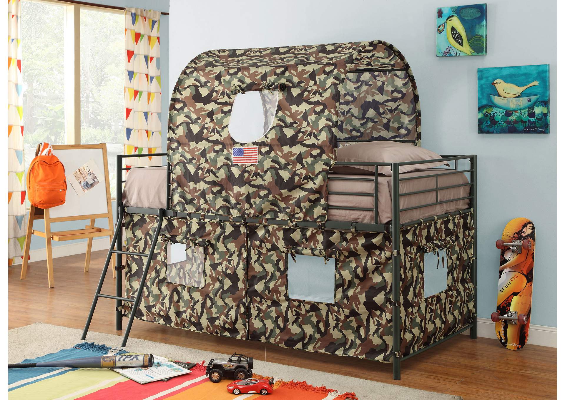 Camouflage Tent Loft Bed with Ladder Army Green