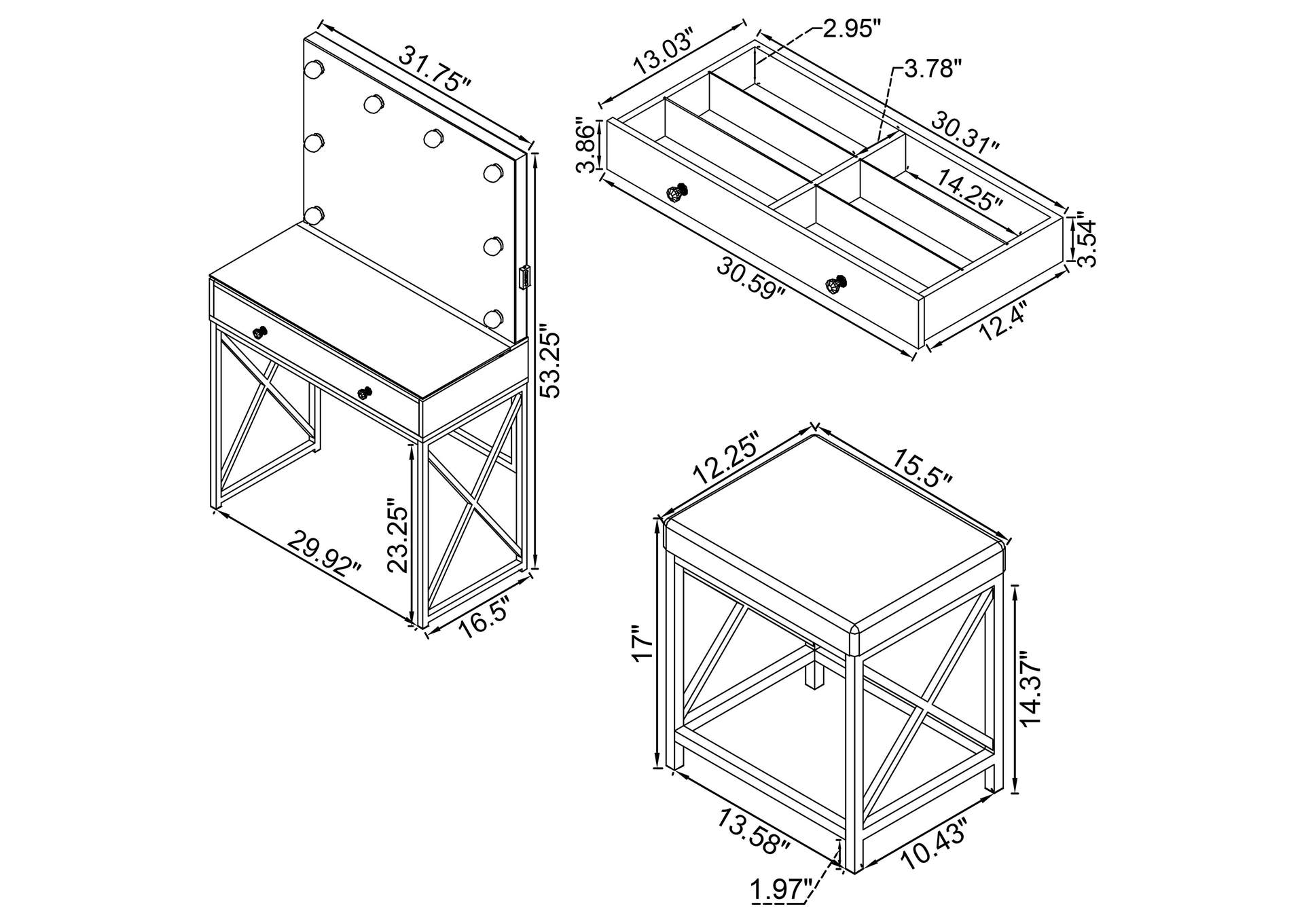 Eliza Vanity Set with Lighting & Stool White and Chrome