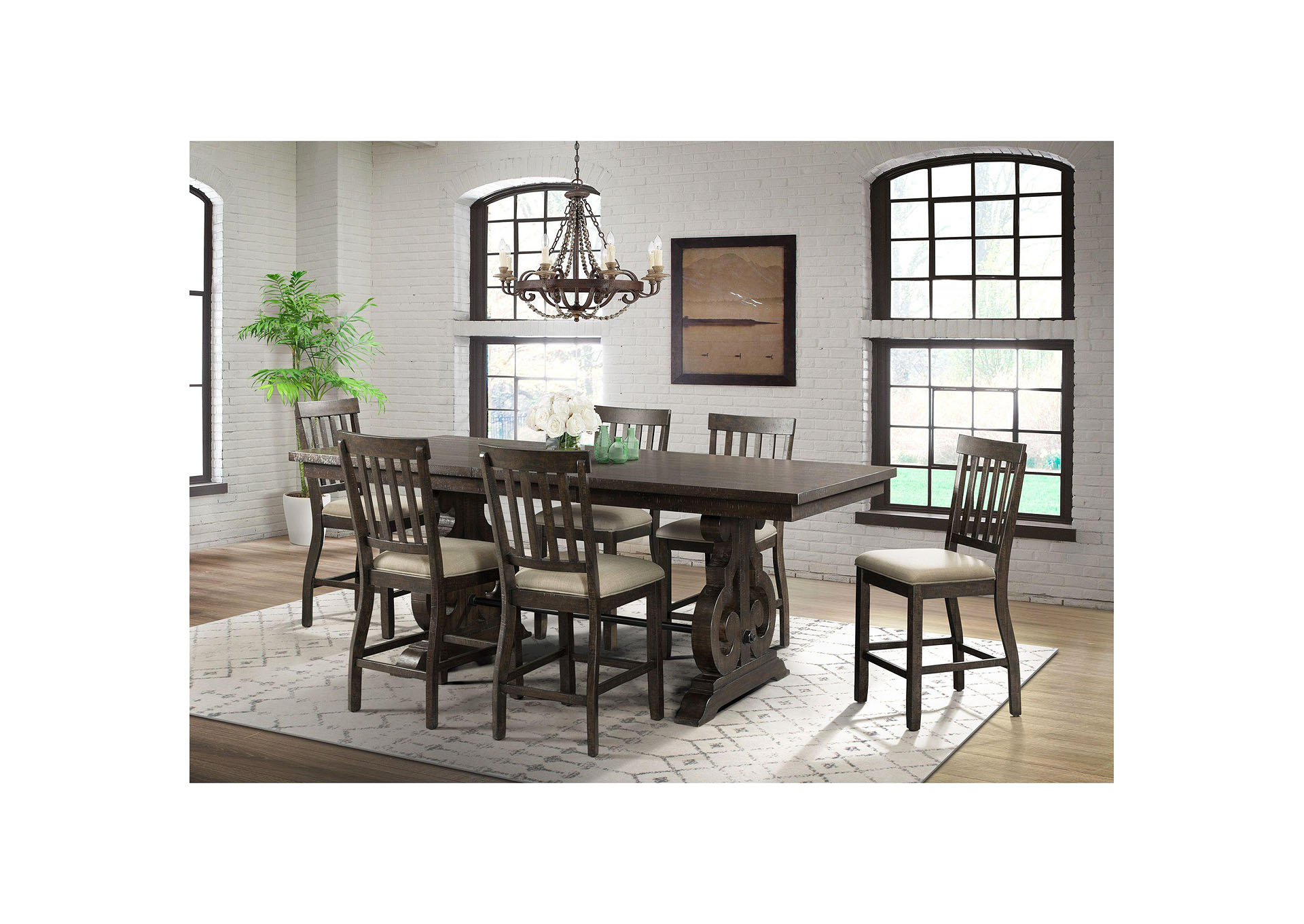 Stone Counter Height 7 Piece Dining Set - Table Six Slat Back Chairs